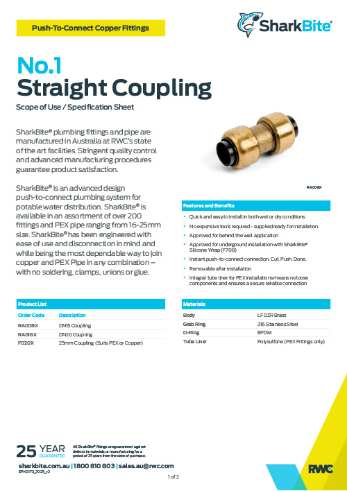 No. 01 Straight Couplings – Sharkbite Australia