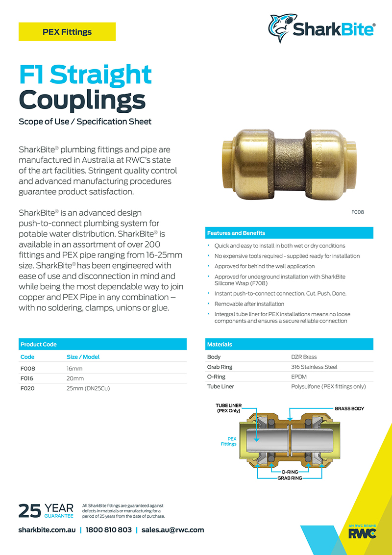 F1 Straight Couplings – Sharkbite Australia