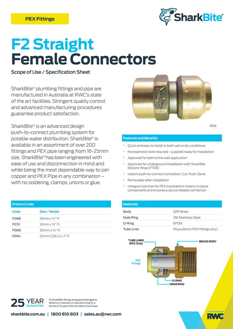 F2 Straight Connectors – Sharkbite Australia